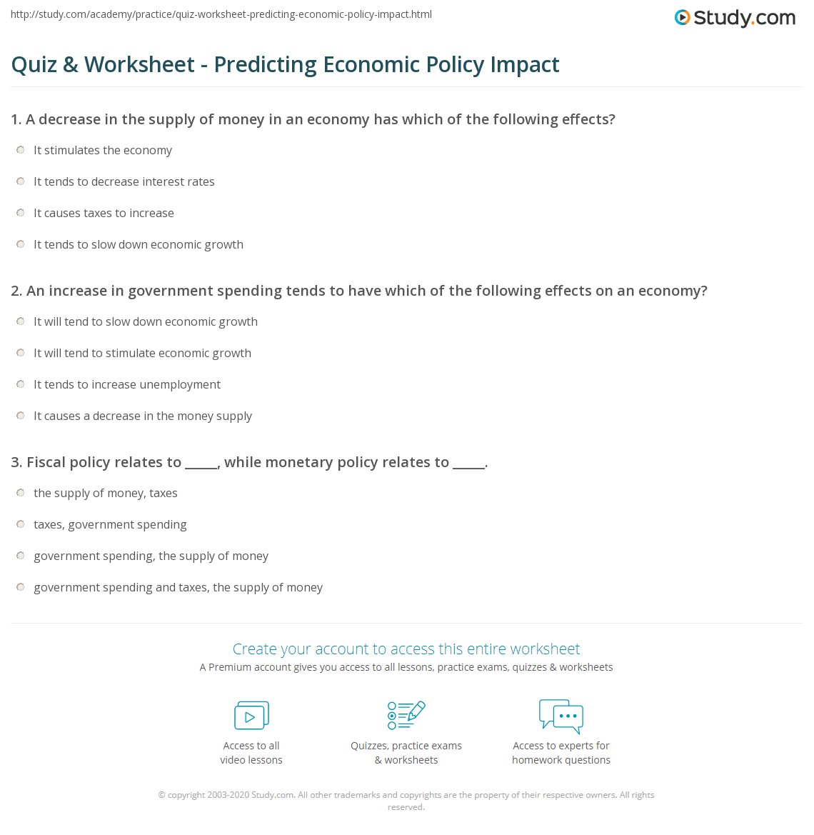 Quiz & Worksheet - Predicting Economic Policy Impact | Study.com