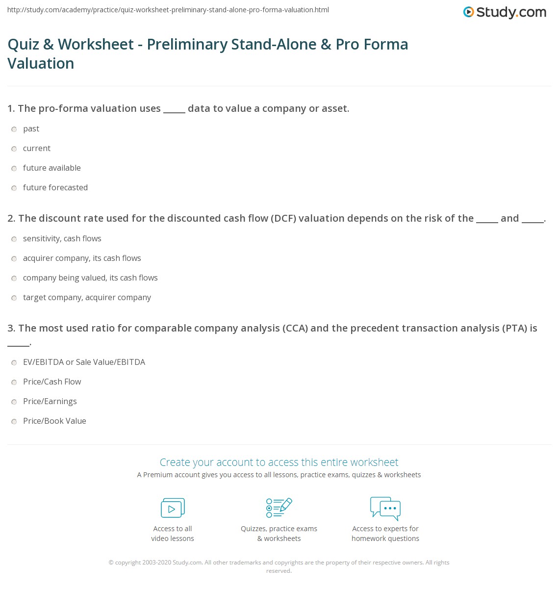 Quiz & Worksheet - Preliminary Stand-Alone & Pro Forma Valuation ...