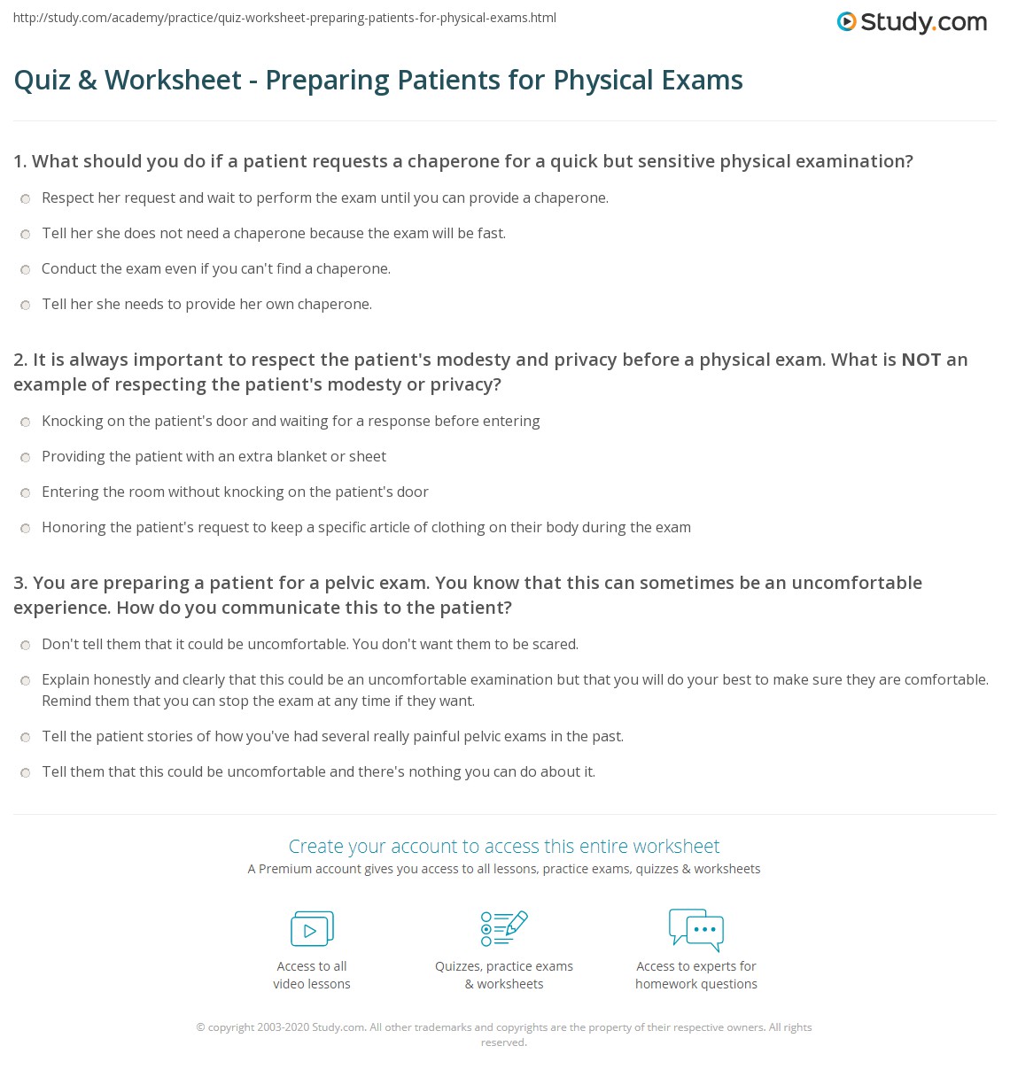 Quiz & Worksheet - Preparing Patients for Physical Exams | Study.com