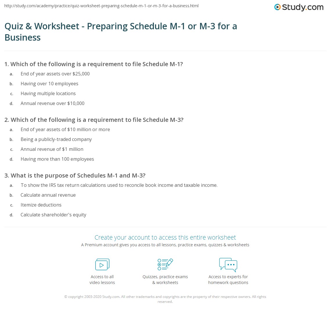 Quiz & Worksheet - Preparing Schedule M-1 or M-3 for a Business | Study.com