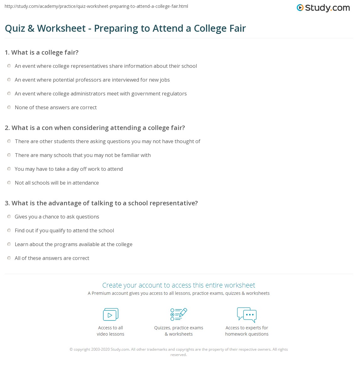 Quiz & Worksheet - Preparing to Attend a College Fair | Study.com