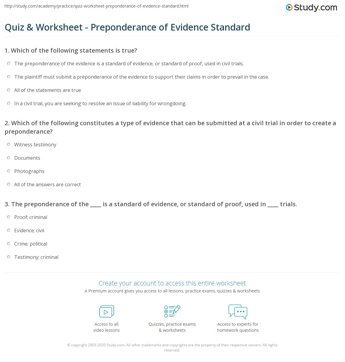 Quiz & Worksheet - Preponderance of Evidence Standard | Study.com