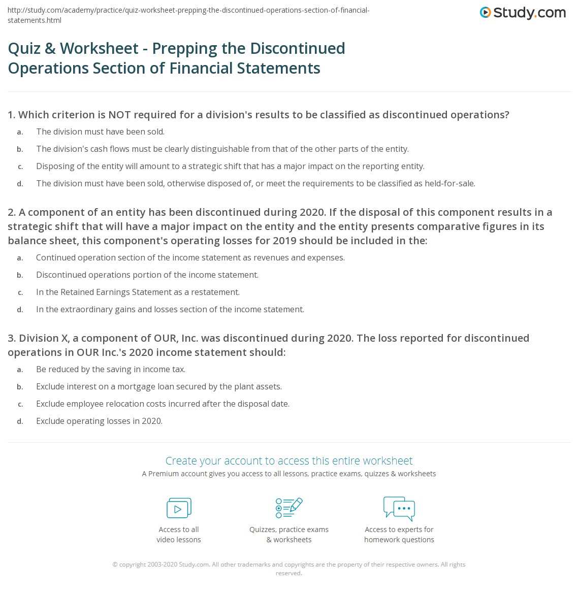 Quiz & Worksheet - Prepping the Discontinued Operations Section of ...