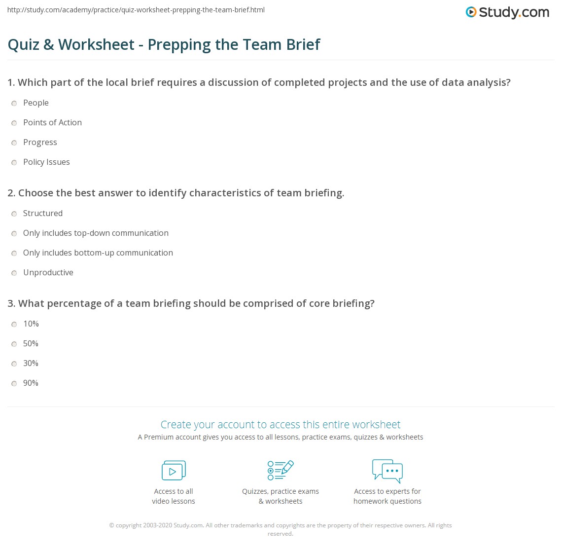 Quiz & Worksheet - Prepping the Team Brief | Study.com