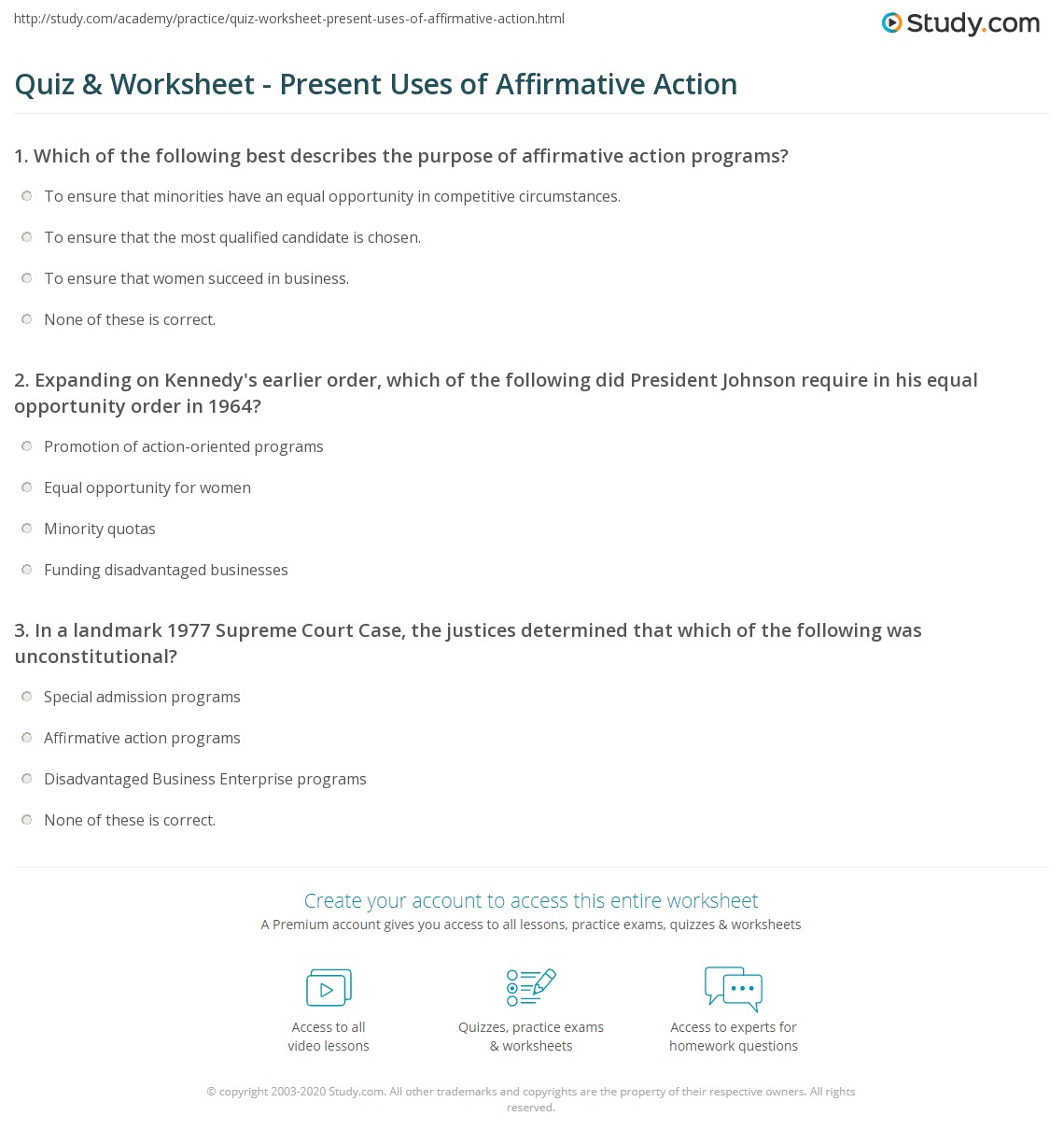 Quiz & Worksheet - Present Uses of Affirmative Action | Study.com
