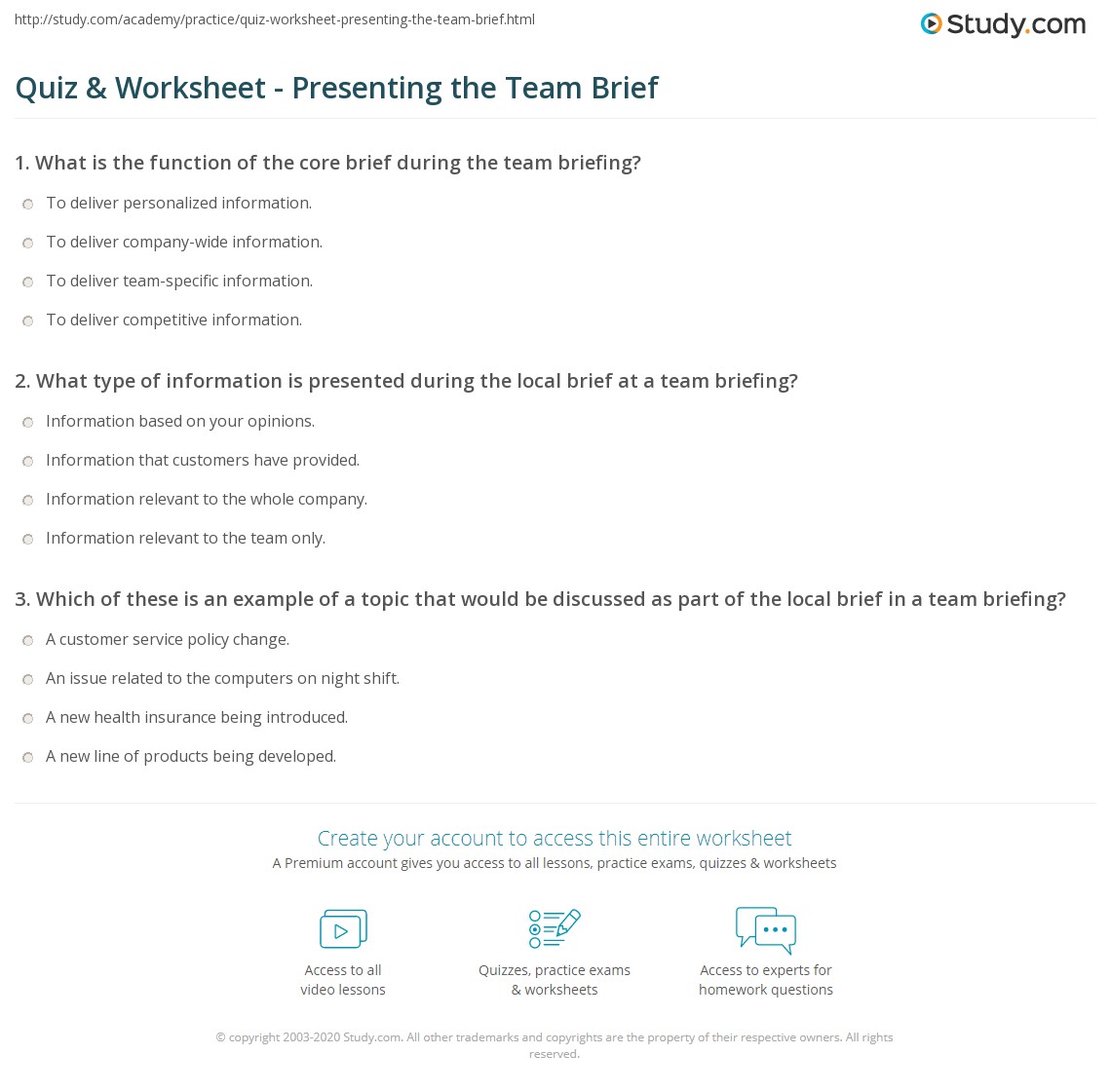 Quiz & Worksheet - Presenting the Team Brief | Study.com