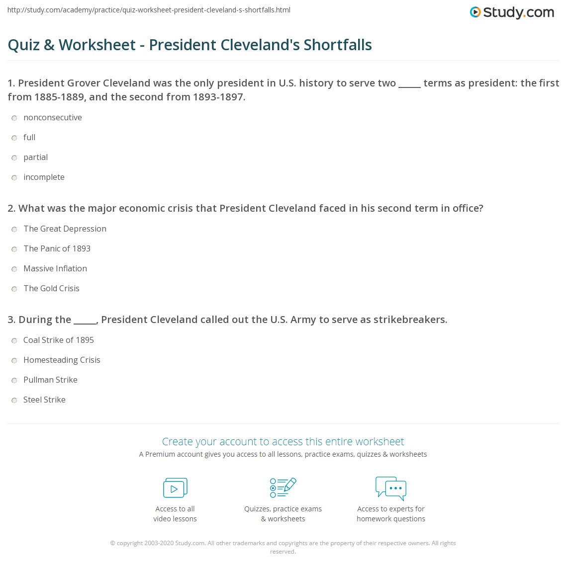 Quiz & Worksheet - President Cleveland's Shortfalls | Study.com