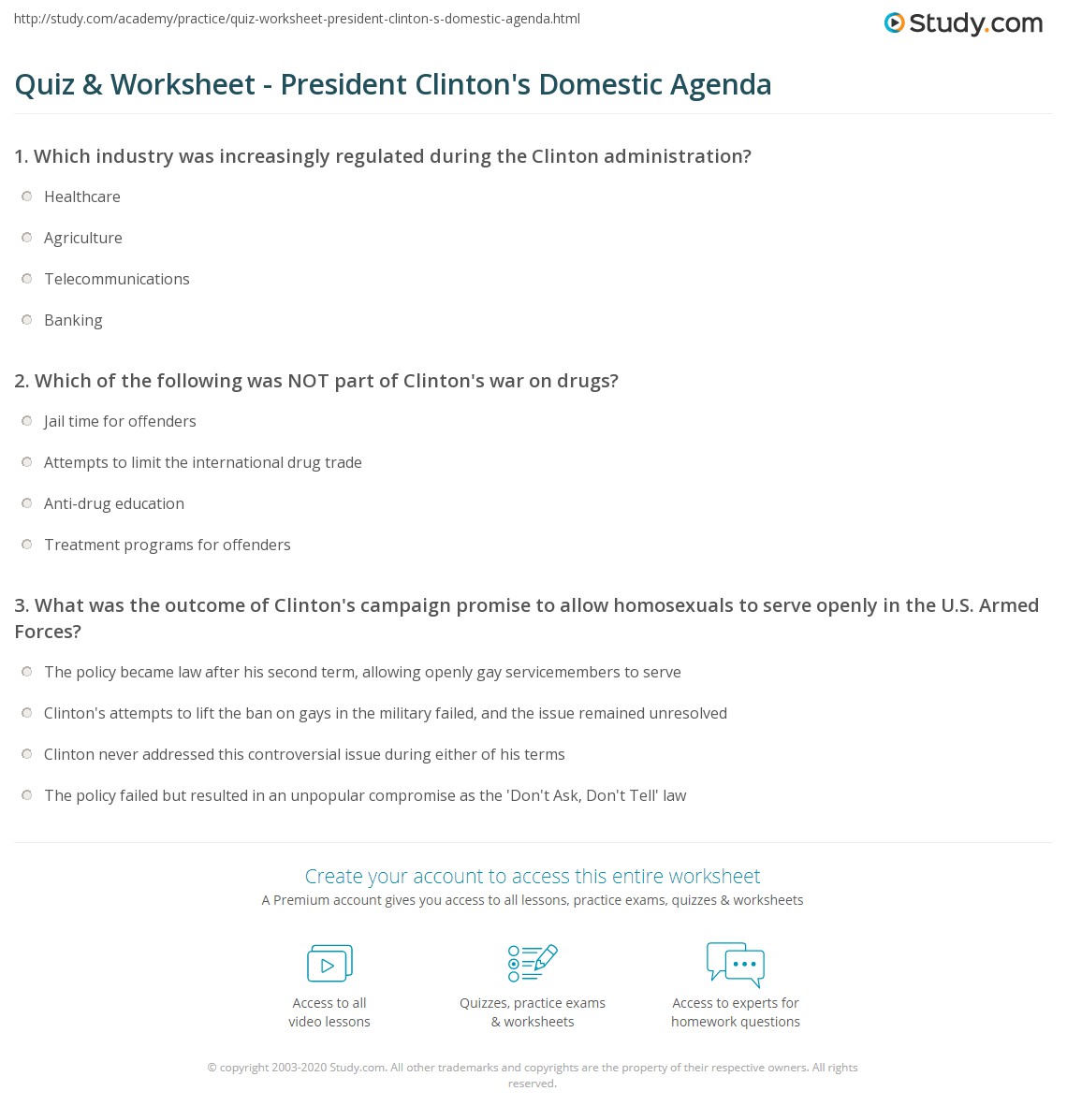 Quiz & Worksheet - President Clinton's Domestic Agenda | Study.com