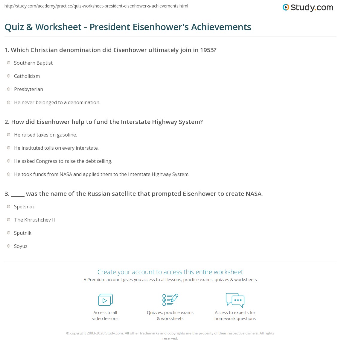 Quiz & Worksheet - President Eisenhower's Achievements | Study.com
