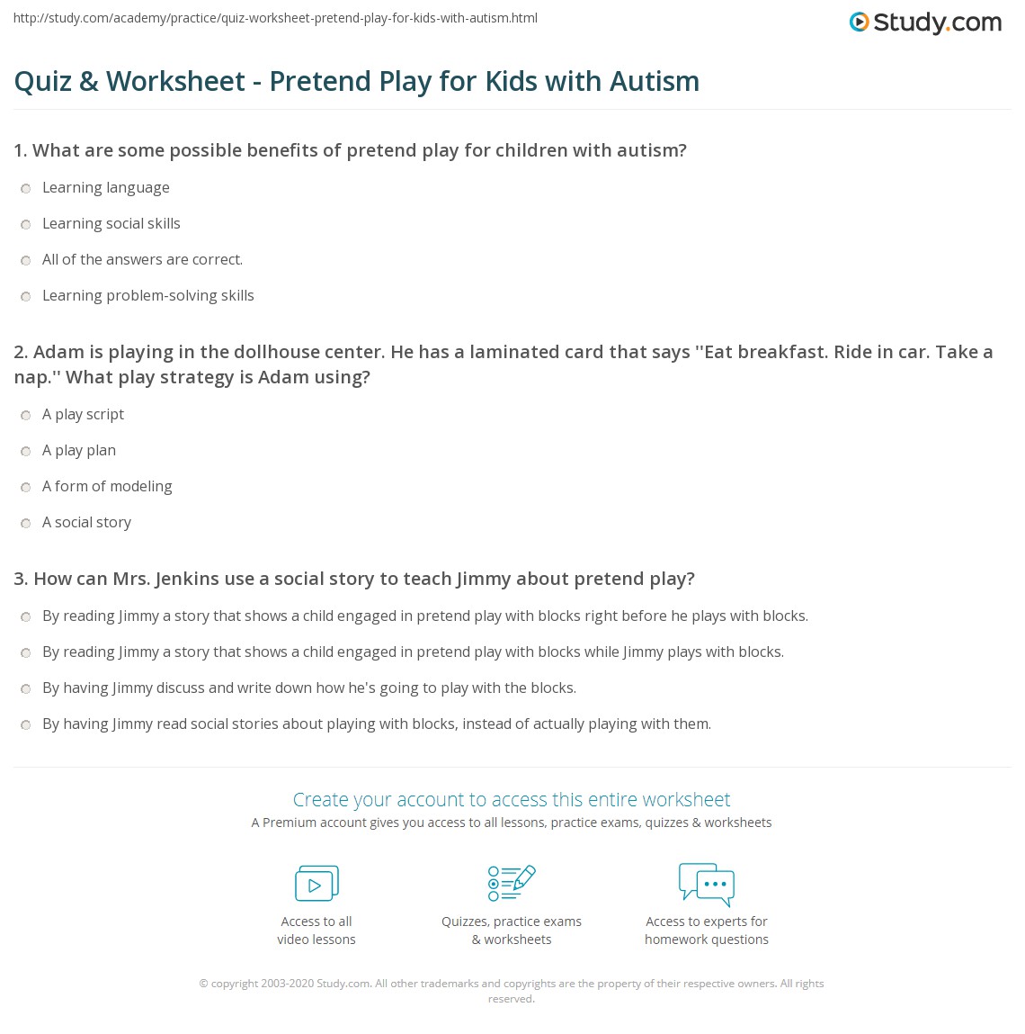 Quiz & Worksheet - Pretend Play for Kids with Autism | Study.com