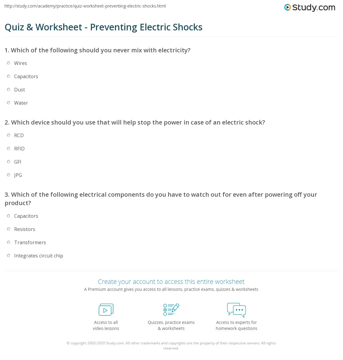 Quiz & Worksheet - Preventing Electric Shocks | Study.com