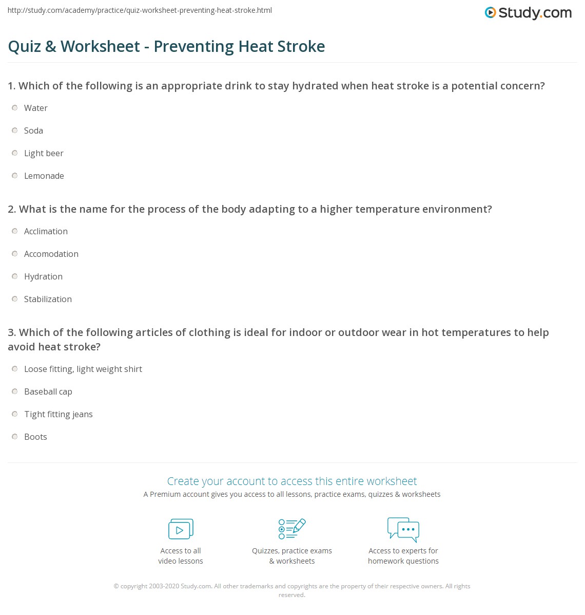Quiz & Worksheet - Preventing Heat Stroke | Study.com