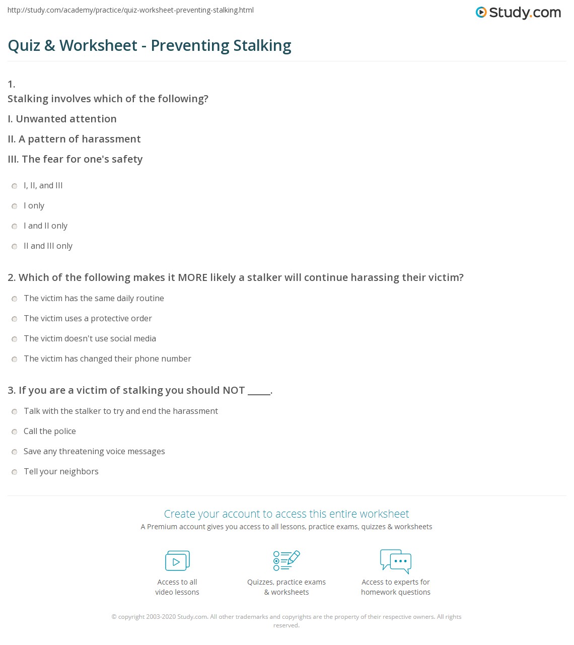 Quiz & Worksheet - Preventing Stalking | Study.com