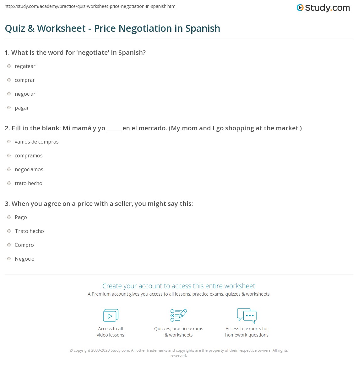 Quiz & Worksheet - Price Negotiation in Spanish | Study.com