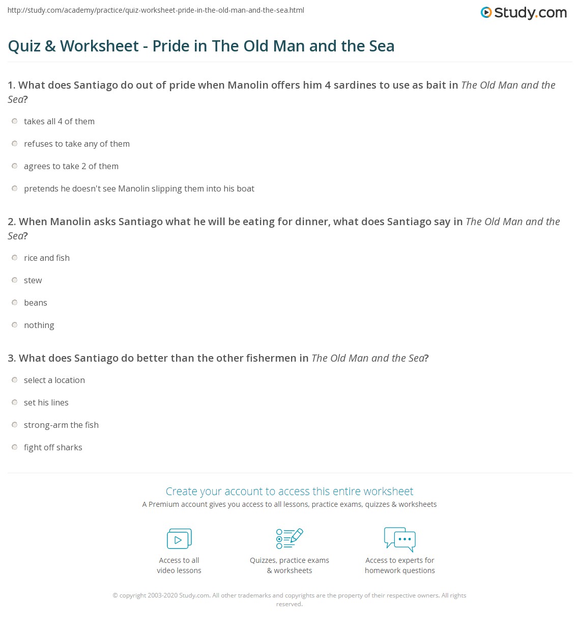 Quiz & Worksheet - Pride in The Old Man and the Sea | Study.com