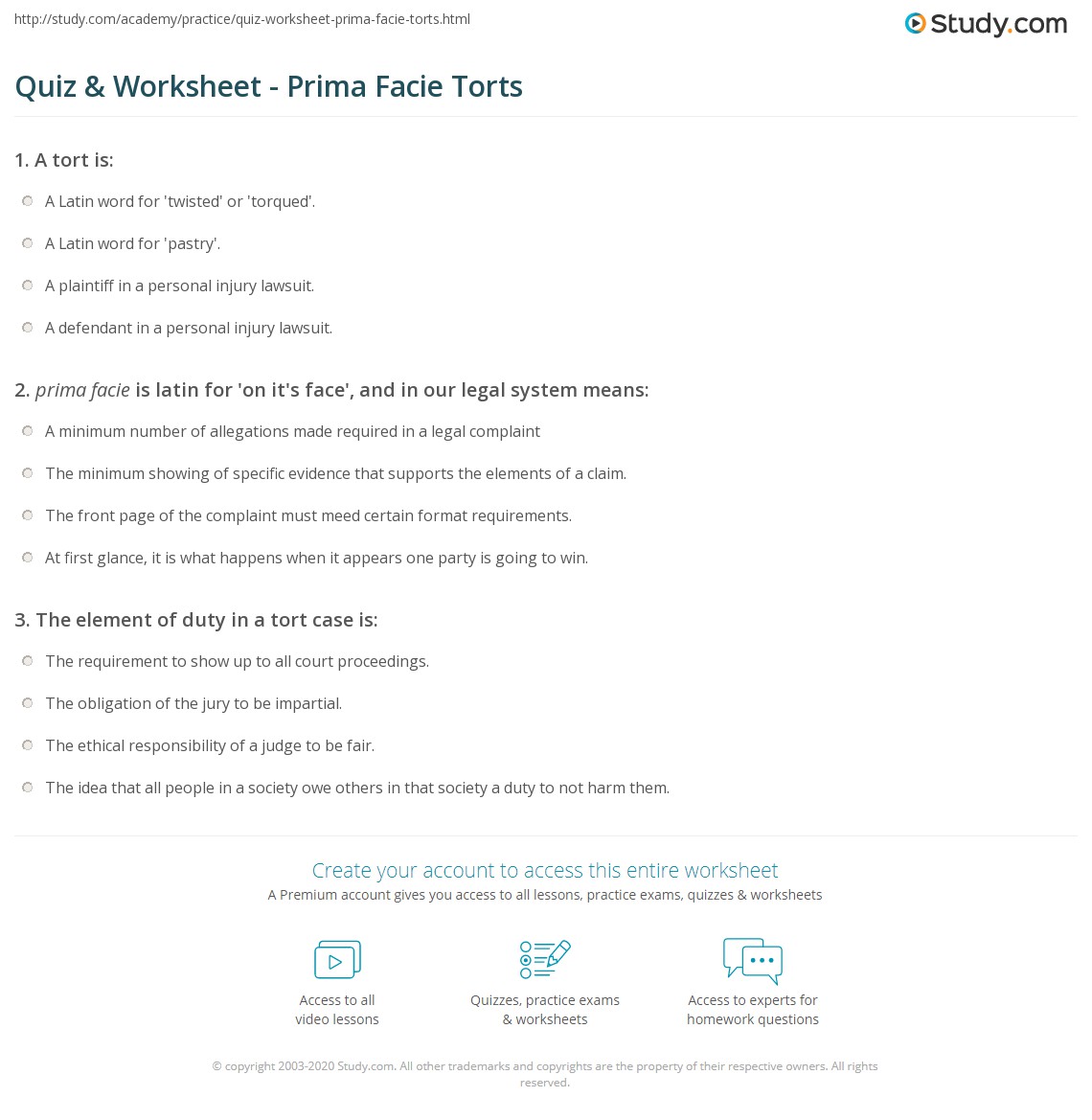 Quiz & Worksheet - Prima Facie Torts | Study.com