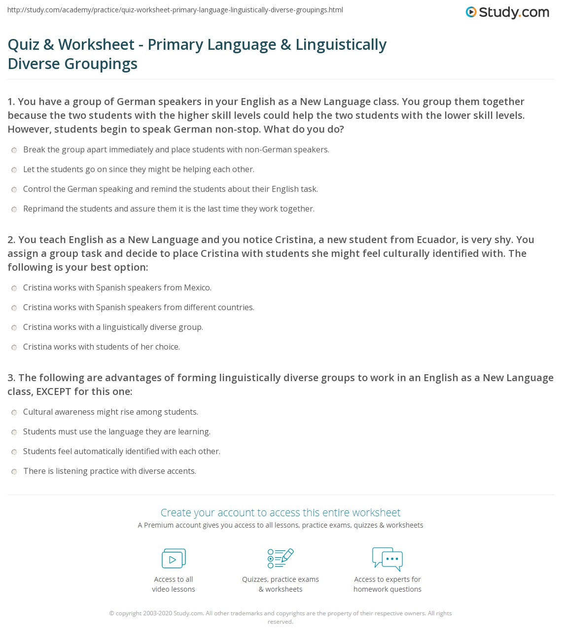 Quiz & Worksheet - Primary Language & Linguistically Diverse Groupings ...