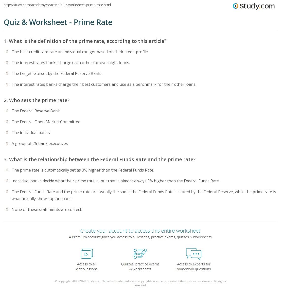 Quiz & Worksheet - Prime Rate | Study.com
