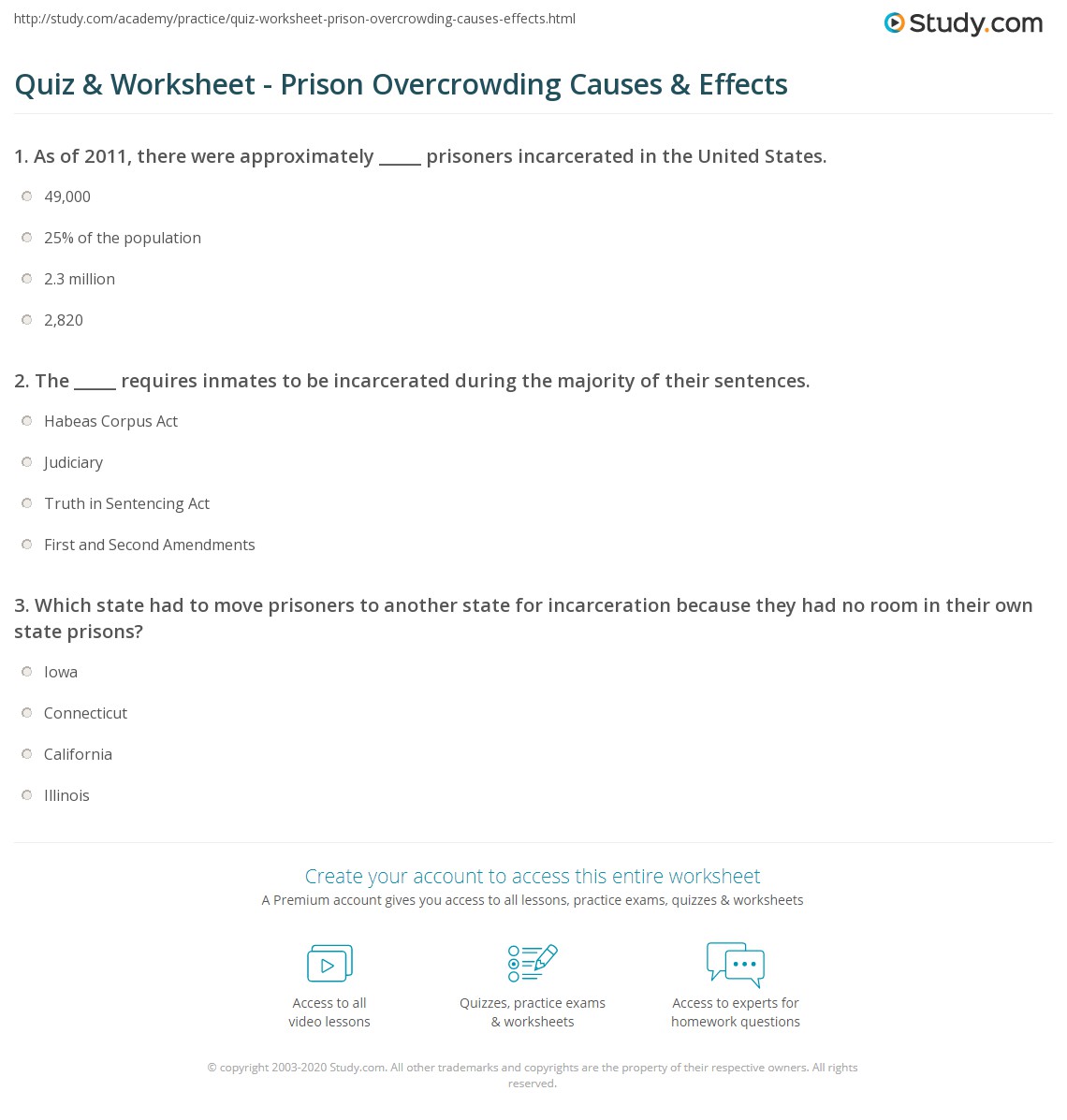 Quiz & Worksheet - Prison Overcrowding Causes & Effects | Study.com