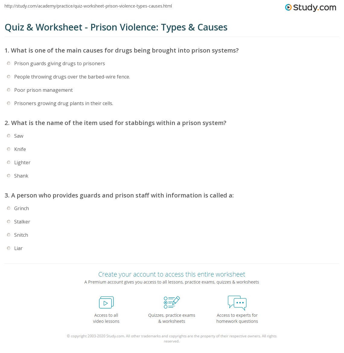 Quiz & Worksheet - Prison Violence: Types & Causes | Study.com