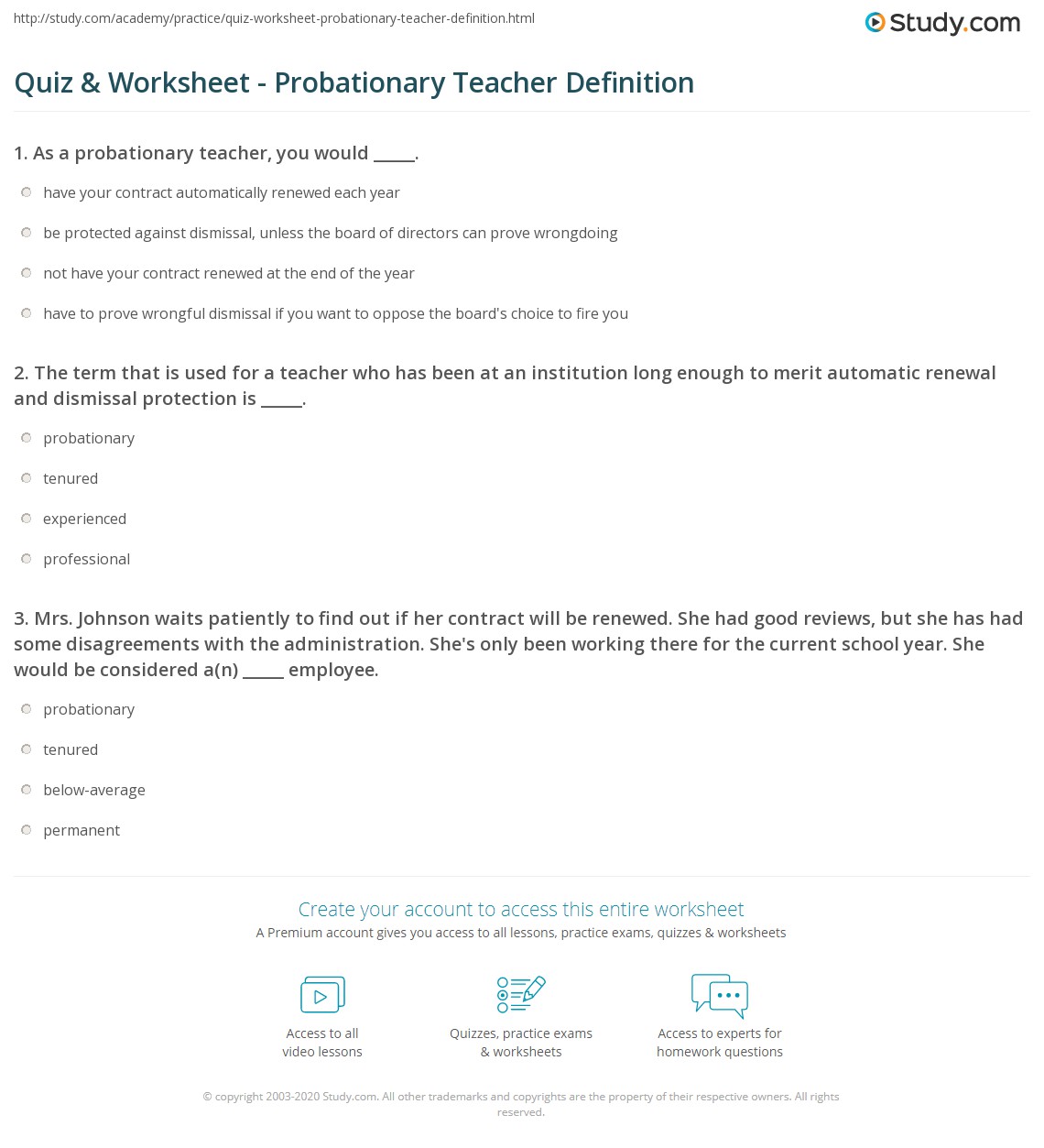 Quiz & Worksheet - Probationary Teacher Definition | Study.com