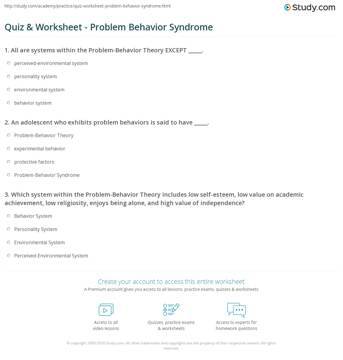 Quiz & Worksheet - Problem Behavior Syndrome | Study.com