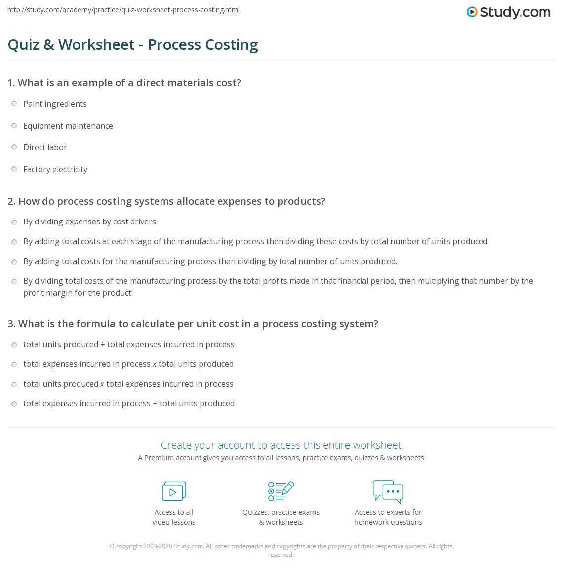 Quiz & Worksheet - Process Costing | Study.com