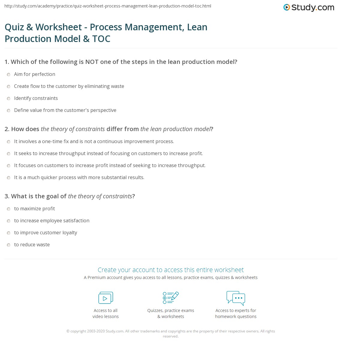 Quiz & Worksheet - Process Management, Lean Production Model & TOC ...