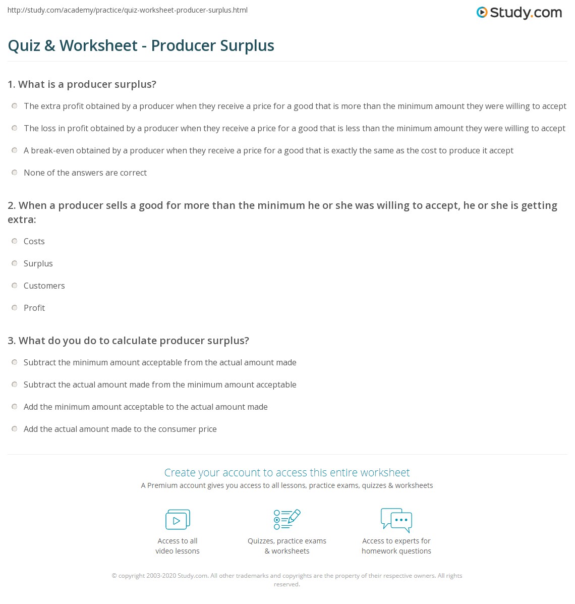 Quiz Worksheet Producer Surplus Study
