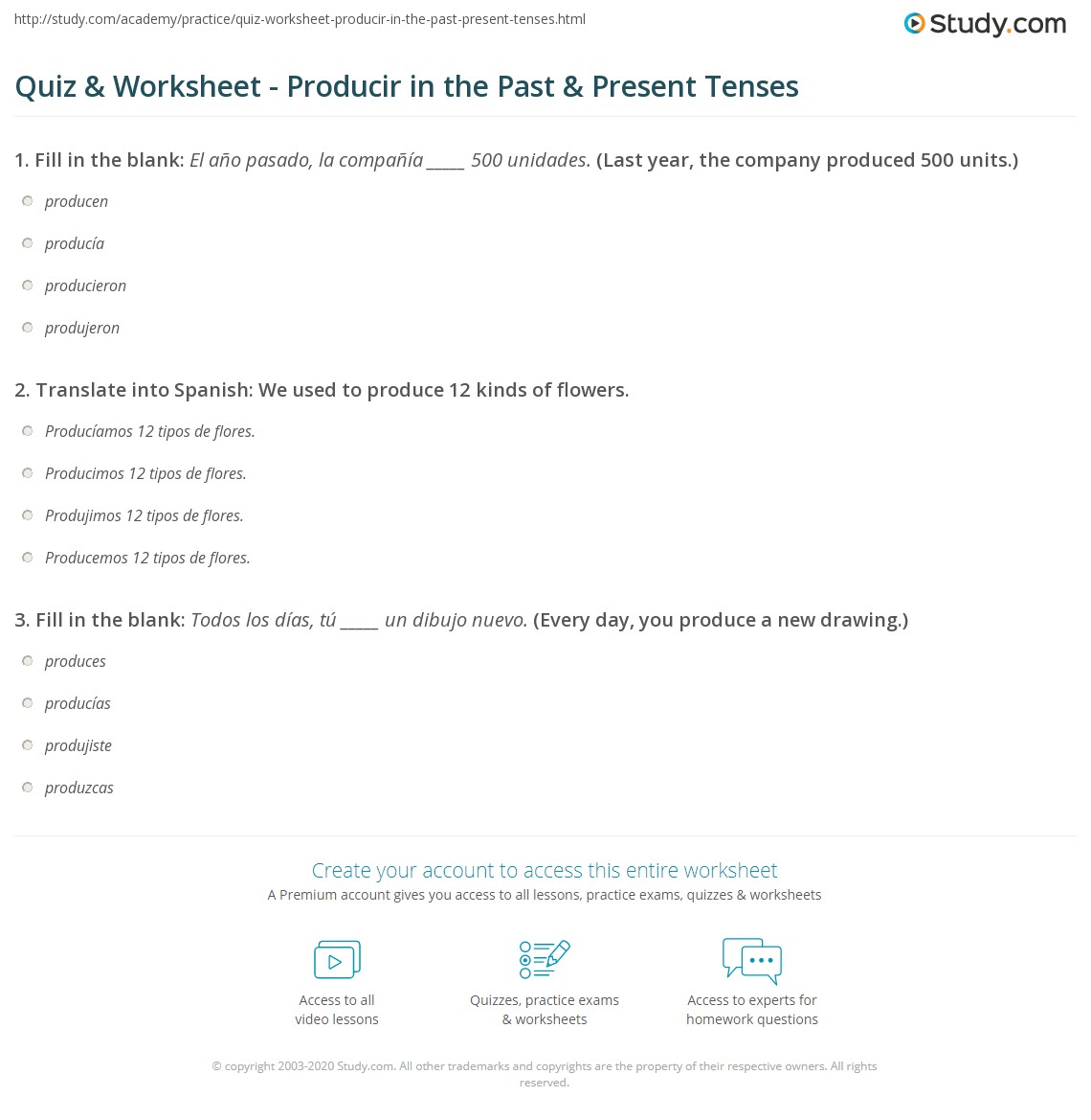 Quiz & Worksheet - Producir in the Past & Present Tenses | Study.com