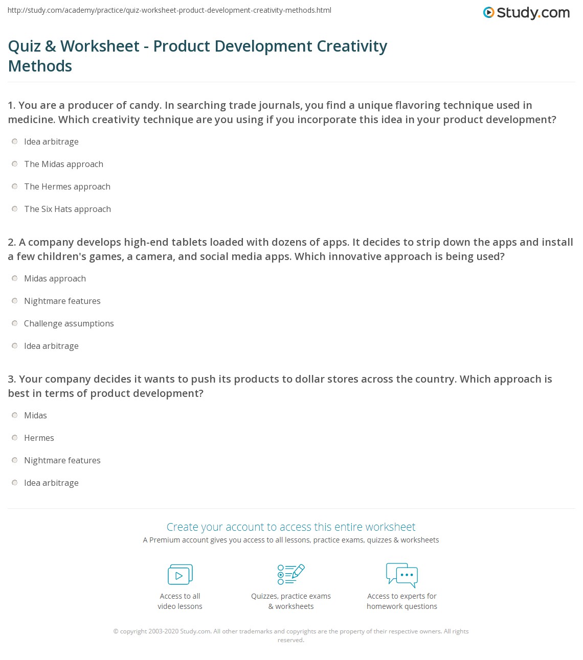 Quiz & Worksheet - Product Development Creativity Methods | Study.com