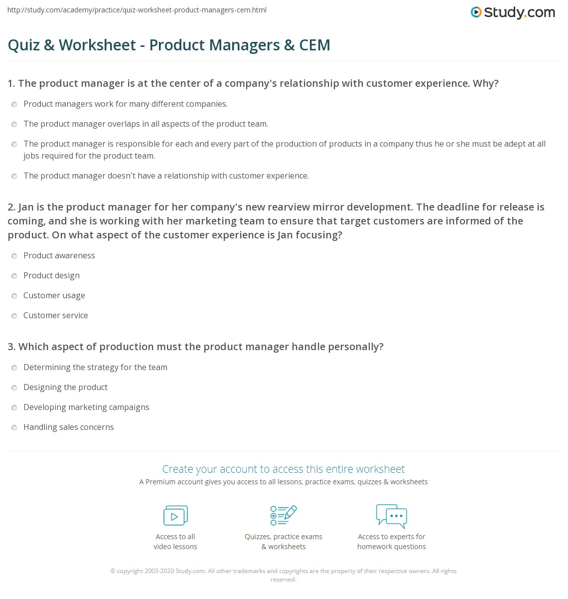 Quiz & Worksheet - Product Managers & CEM | Study.com