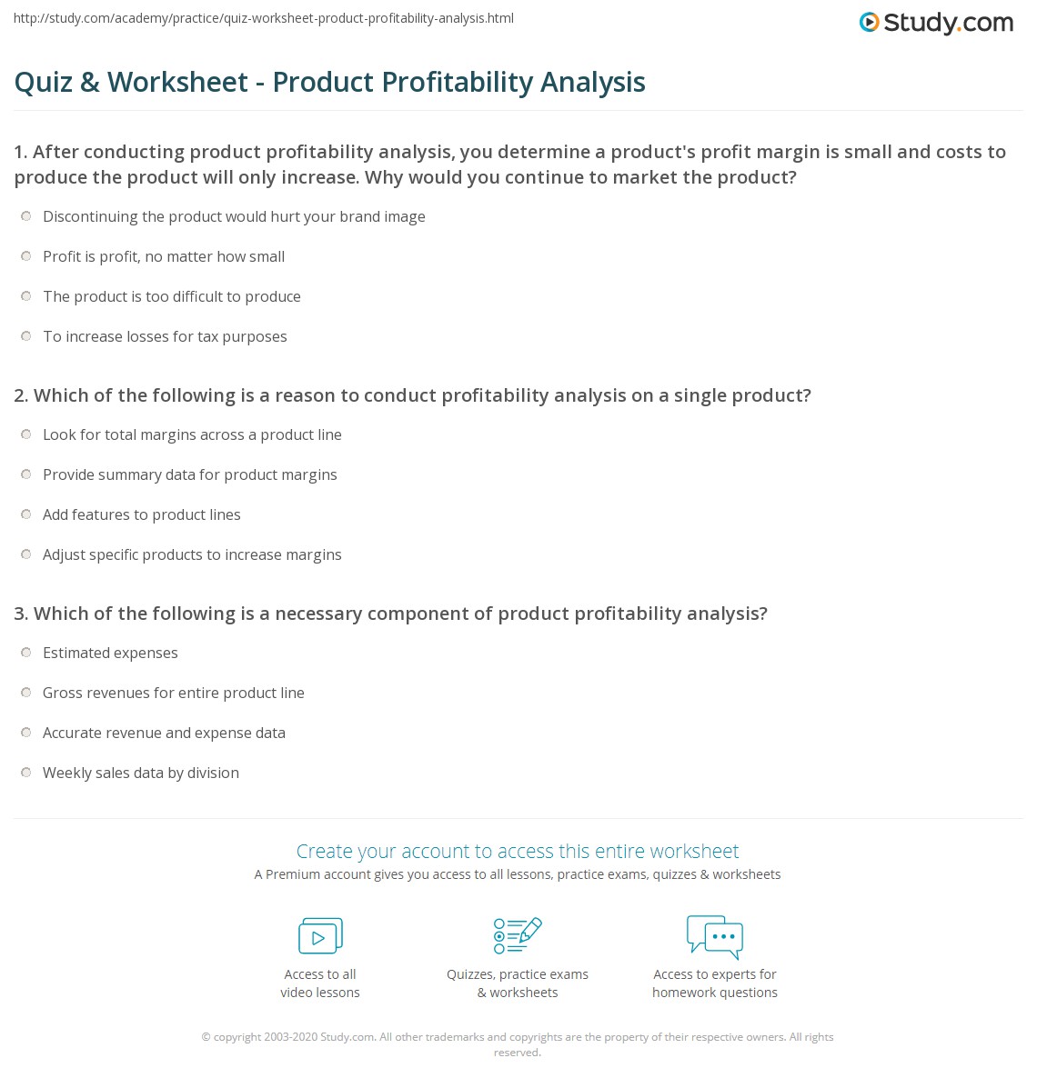 Quiz & Worksheet - Product Profitability Analysis | Study.com