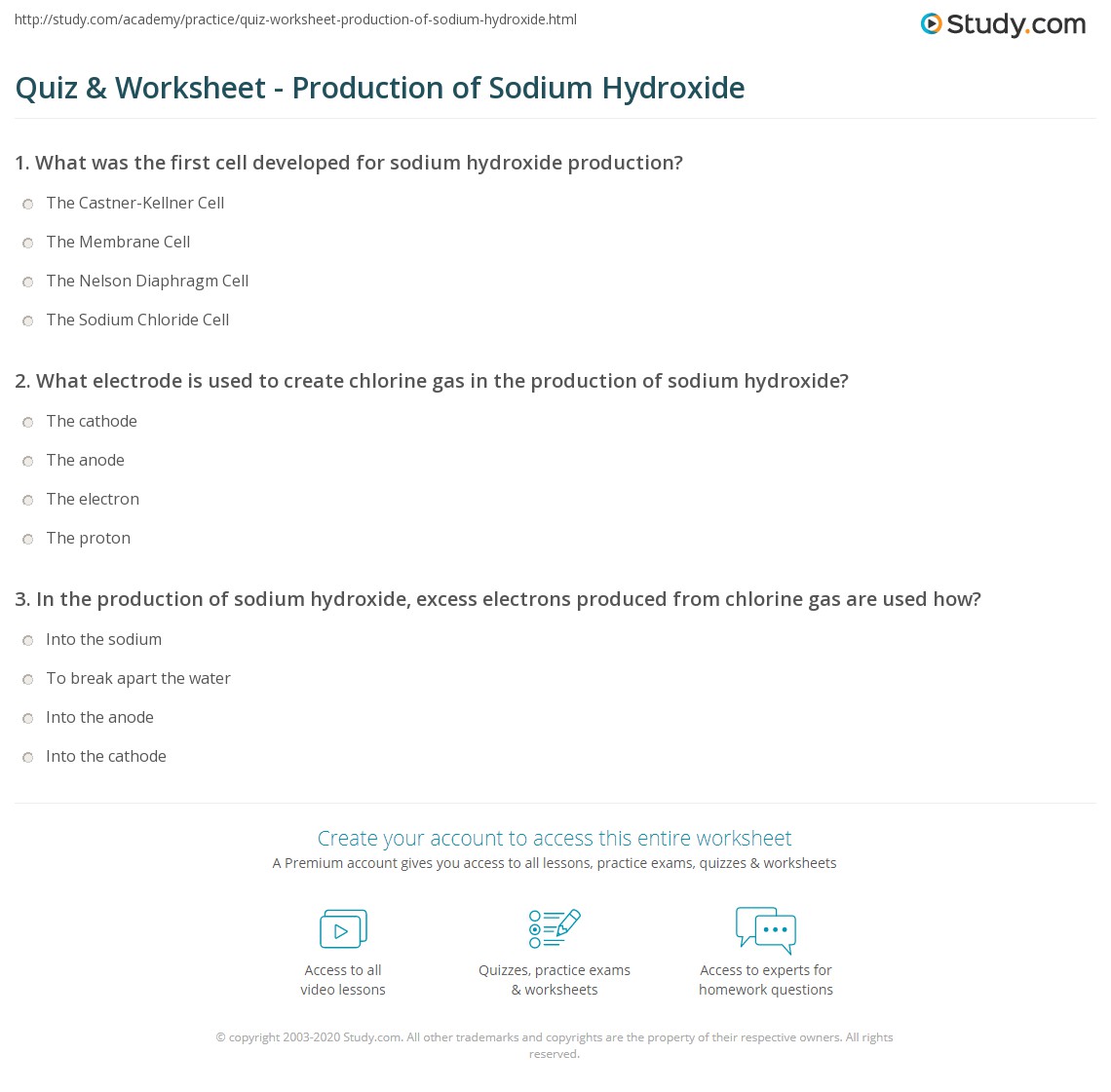 Quiz & Worksheet - Production of Sodium Hydroxide | Study.com