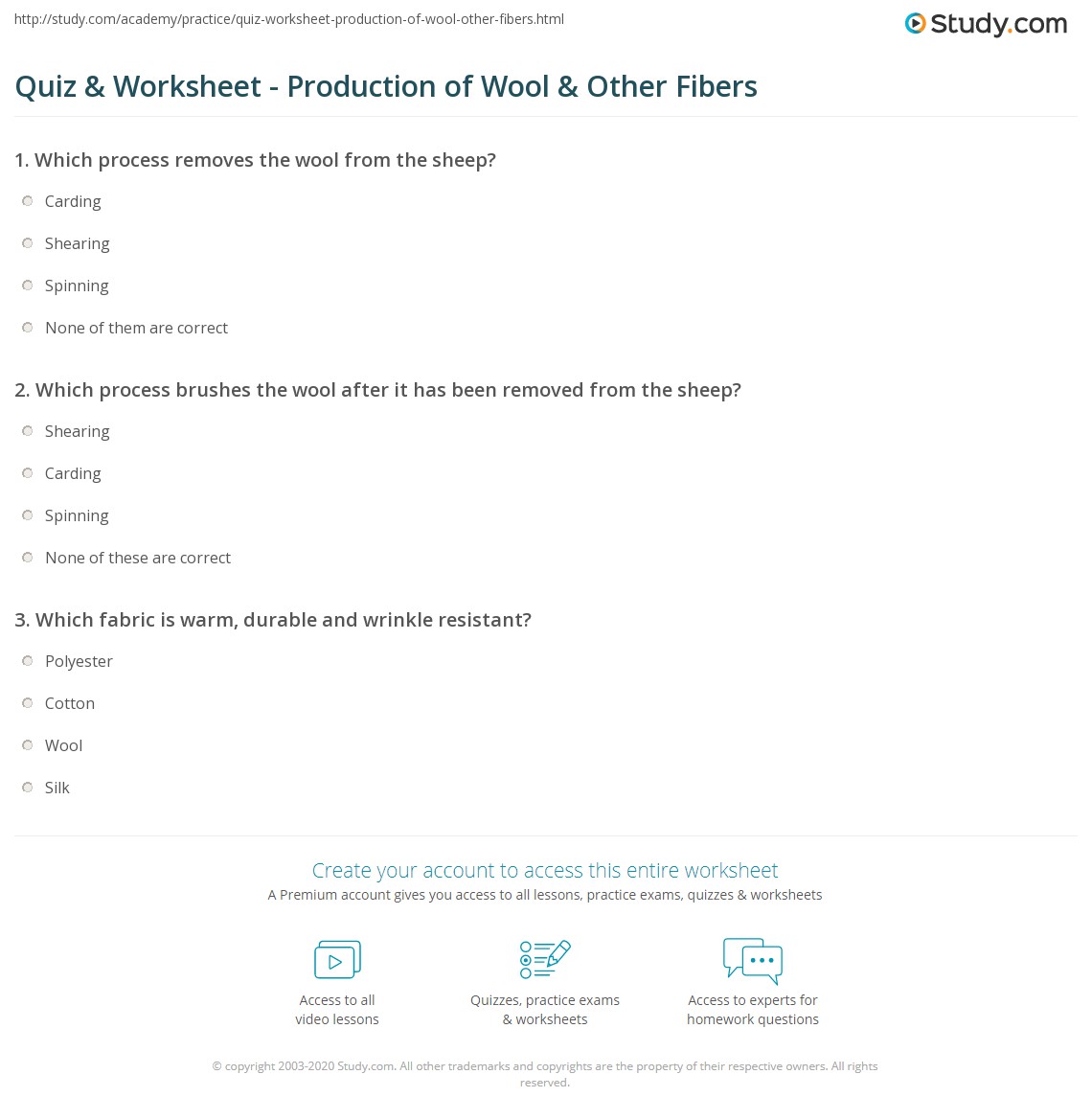 Quiz & Worksheet - Production of Wool & Other Fibers | Study.com