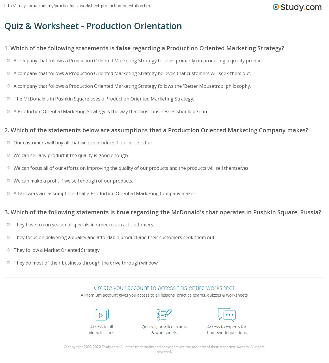 Quiz & Worksheet - Production Orientation | Study.com