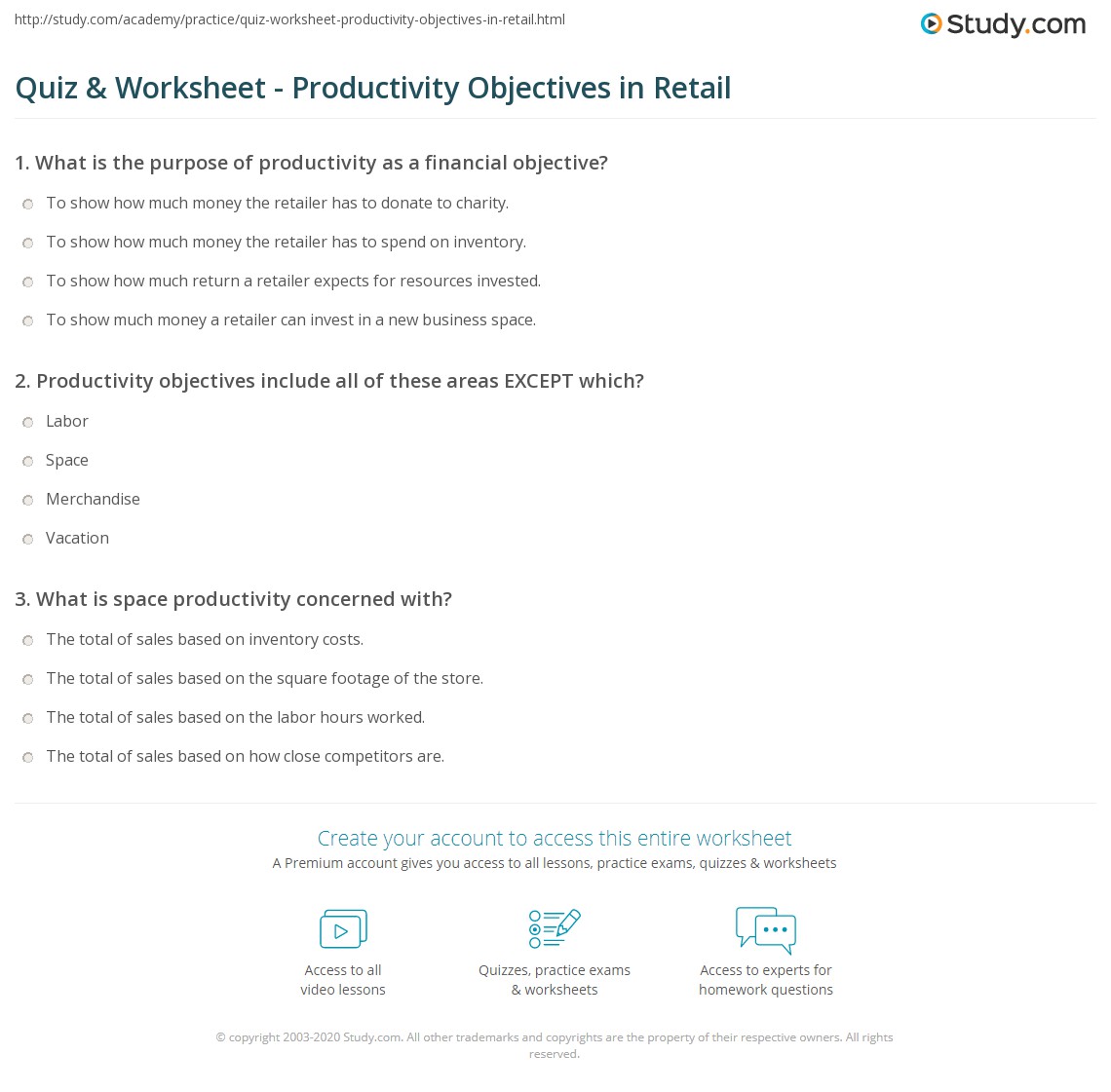 Quiz & Worksheet - Productivity Objectives in Retail | Study.com