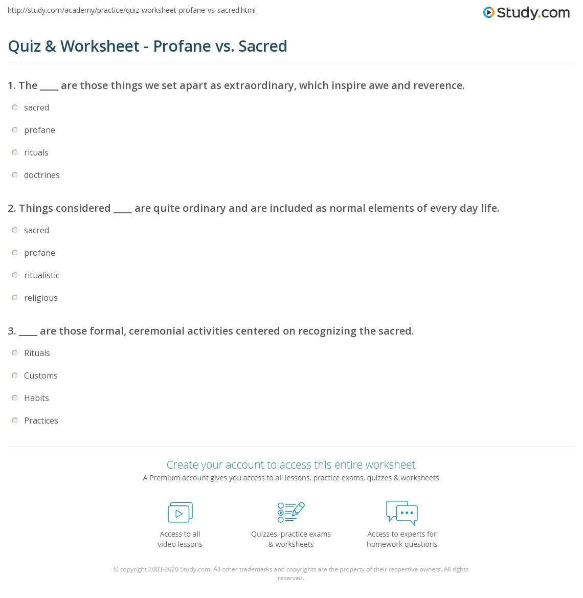 Quiz & Worksheet - Profane vs. Sacred | Study.com