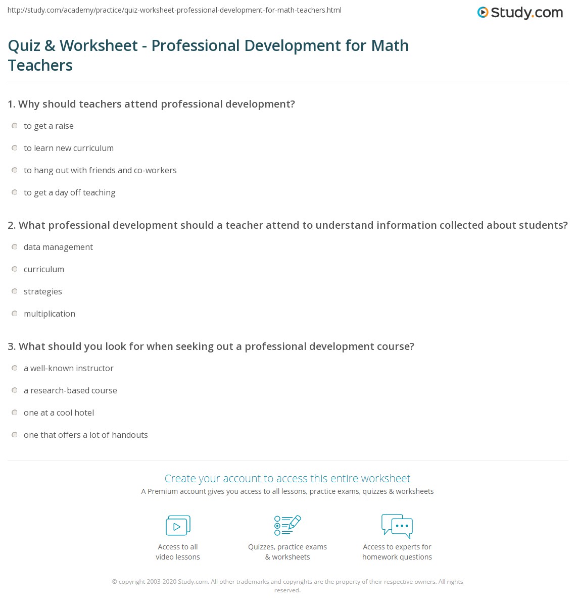 Quiz & Worksheet - Professional Development for Math Teachers | Study.com