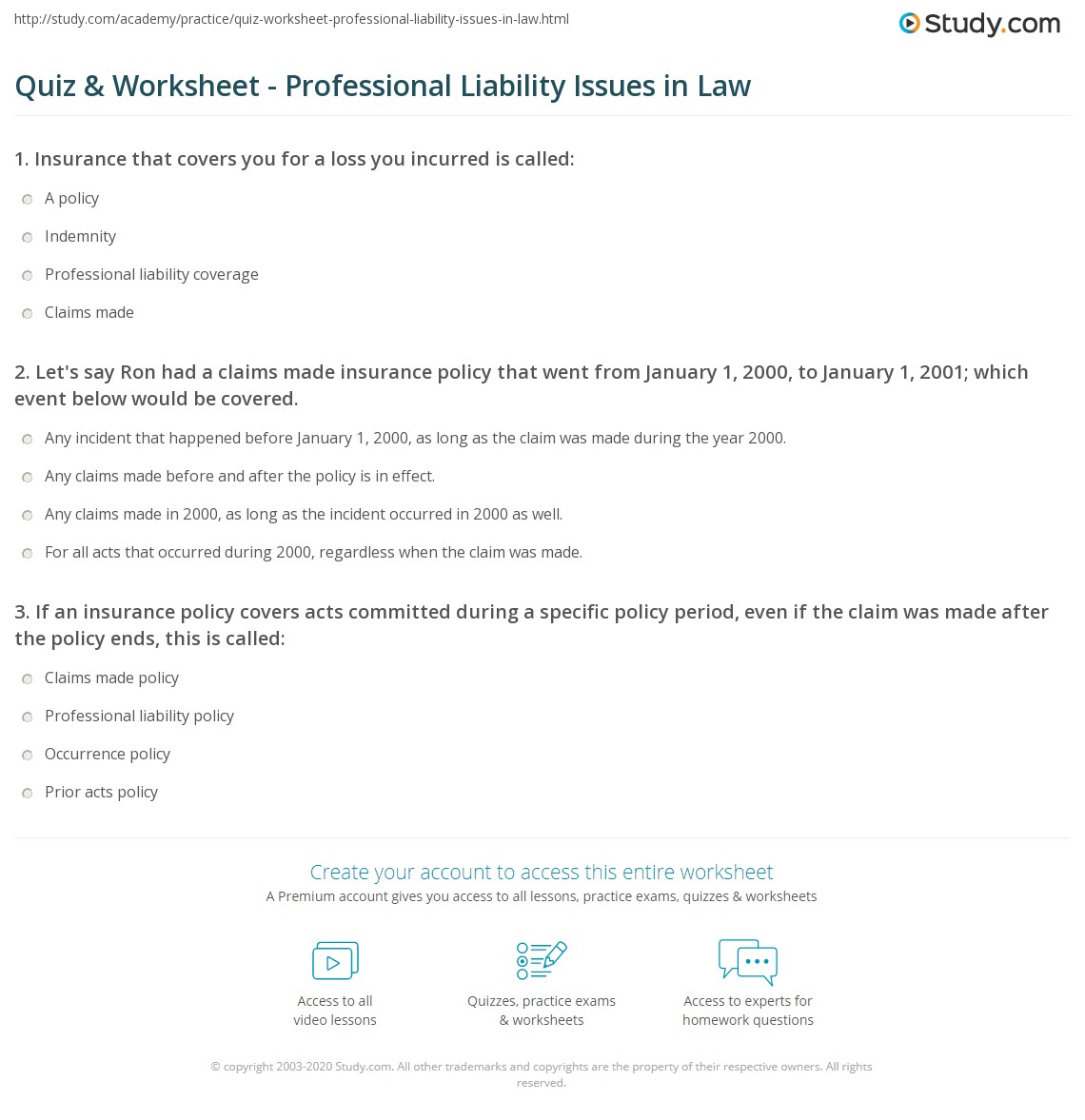 Quiz & Worksheet - Professional Liability Issues in Law | Study.com