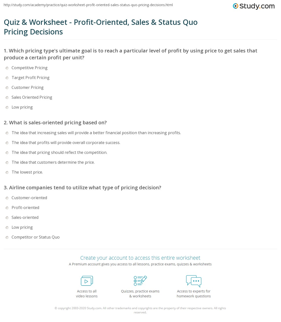 Quiz & Worksheet - Profit-Oriented, Sales & Status Quo Pricing ...