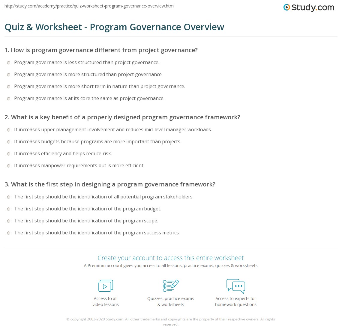 Quiz & Worksheet - Program Governance Overview | Study.com