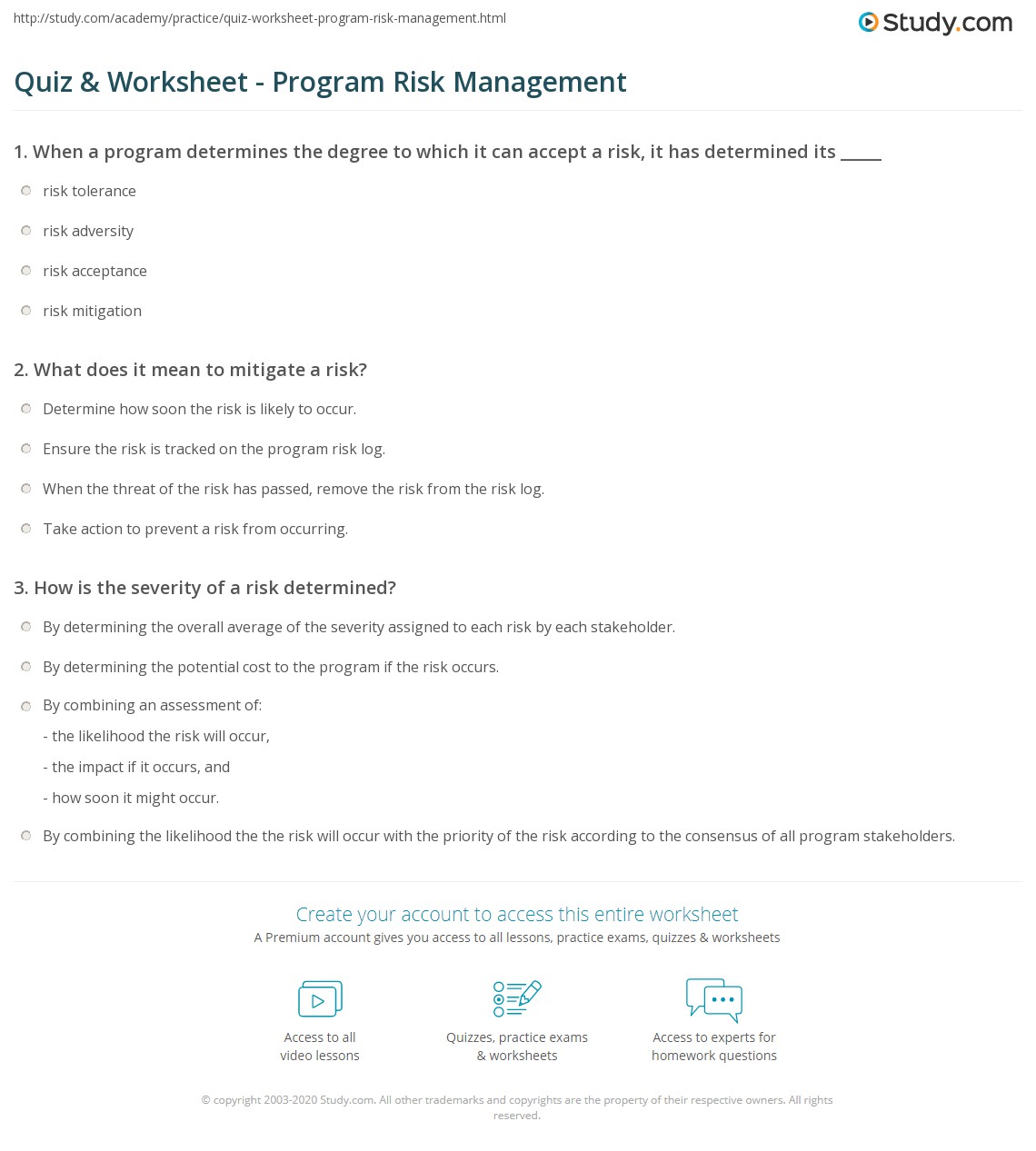 Quiz & Worksheet - Program Risk Management | Study.com