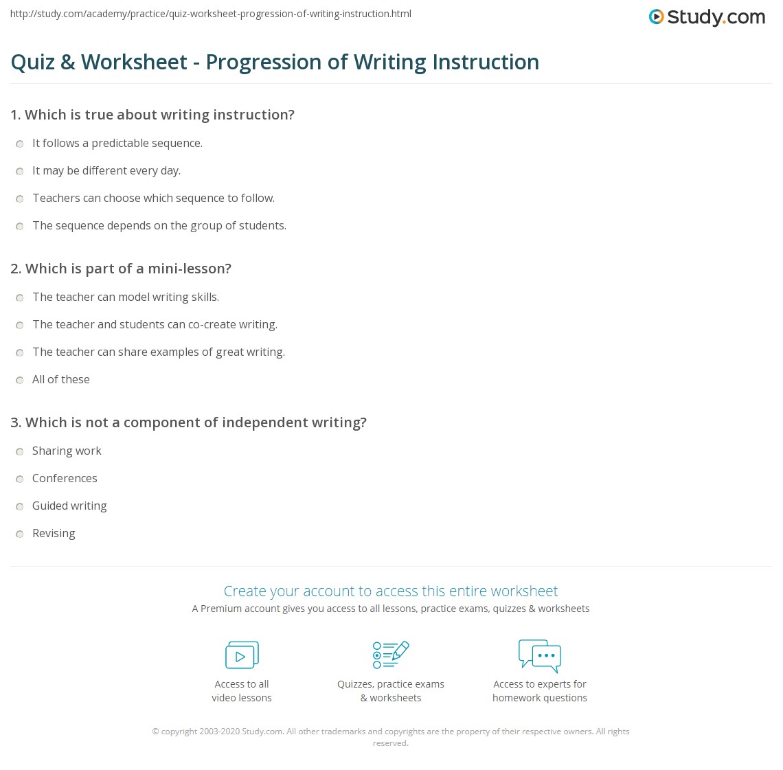 Quiz & Worksheet - Progression of Writing Instruction | Study.com