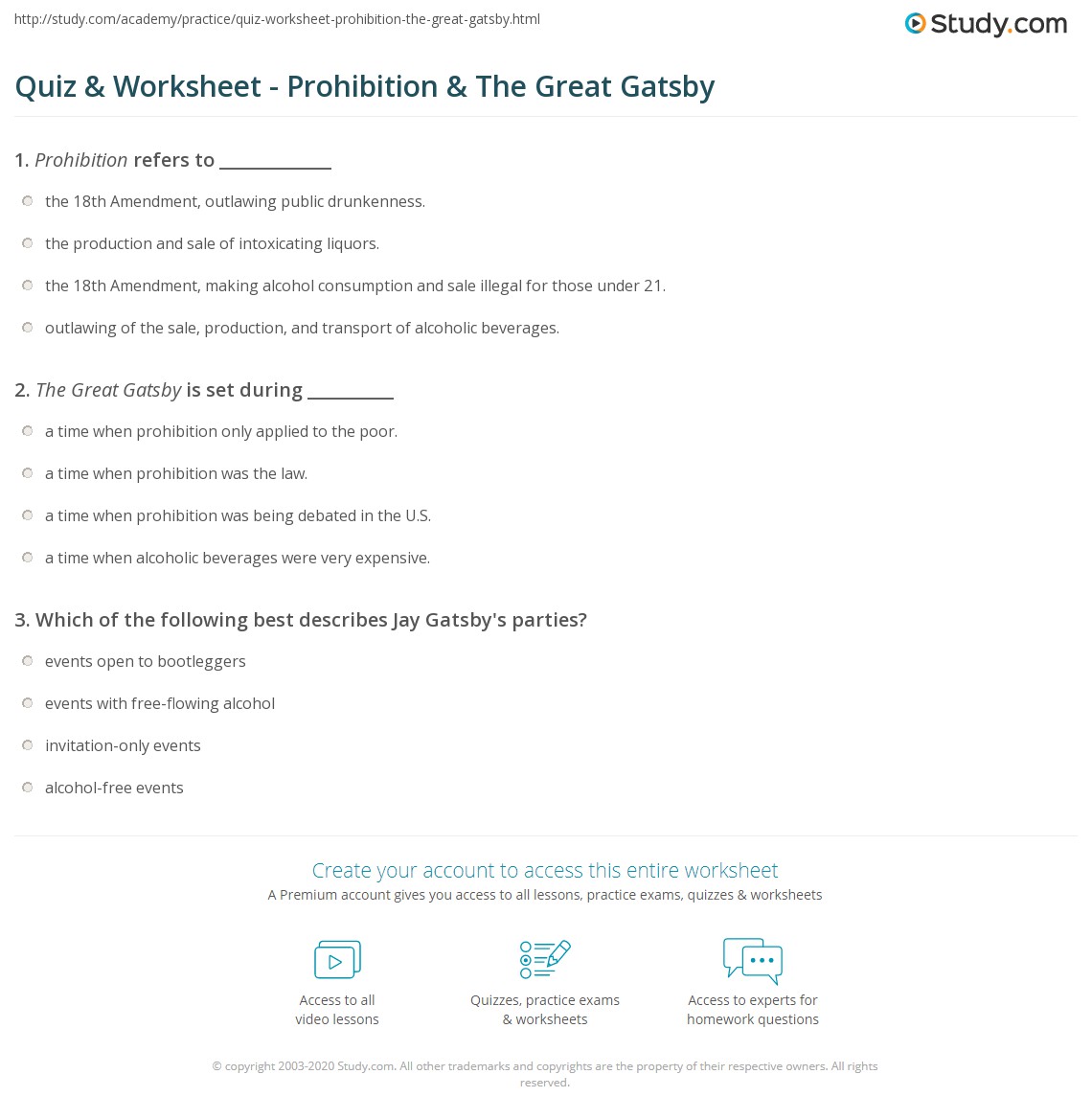 Quiz & Worksheet - Prohibition & The Great Gatsby | Study.com