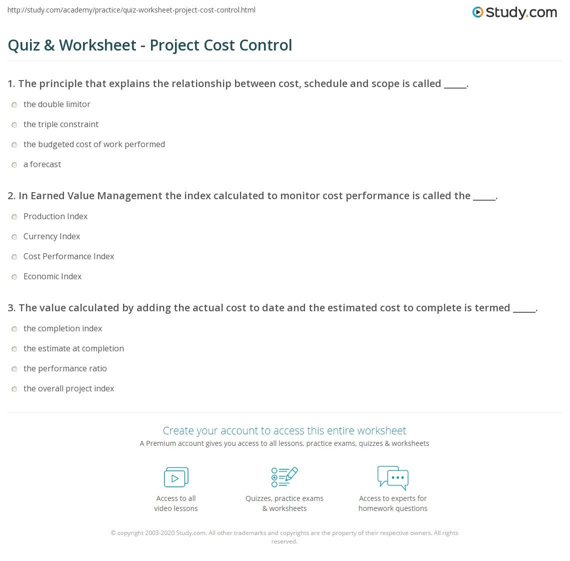 Quiz & Worksheet - Project Cost Control | Study.com