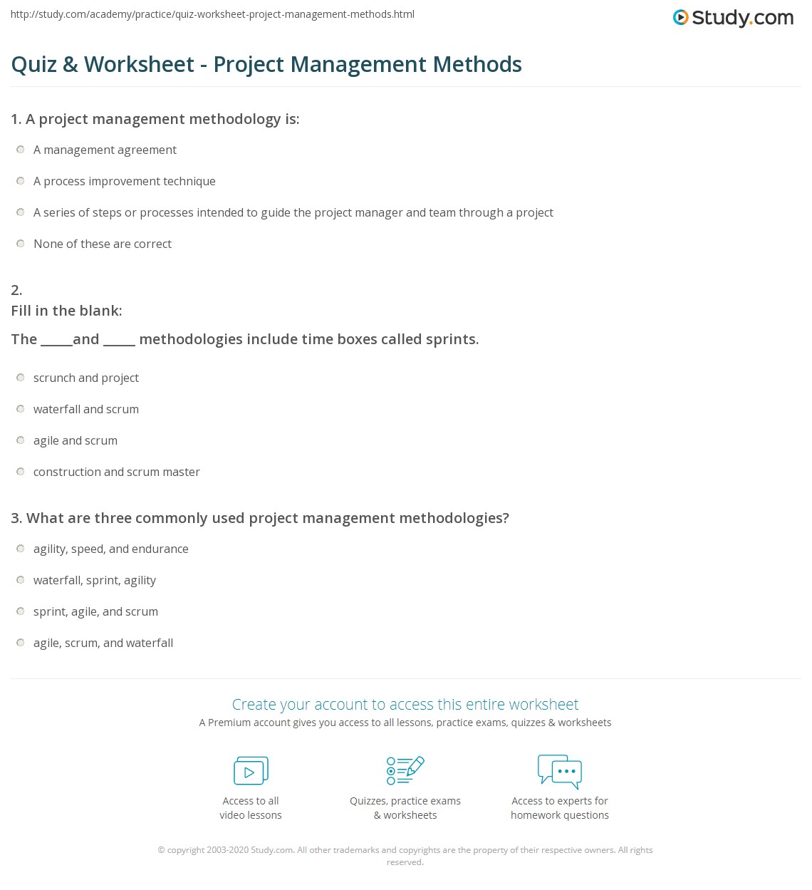 Quiz & Worksheet - Project Management Methods | Study.com