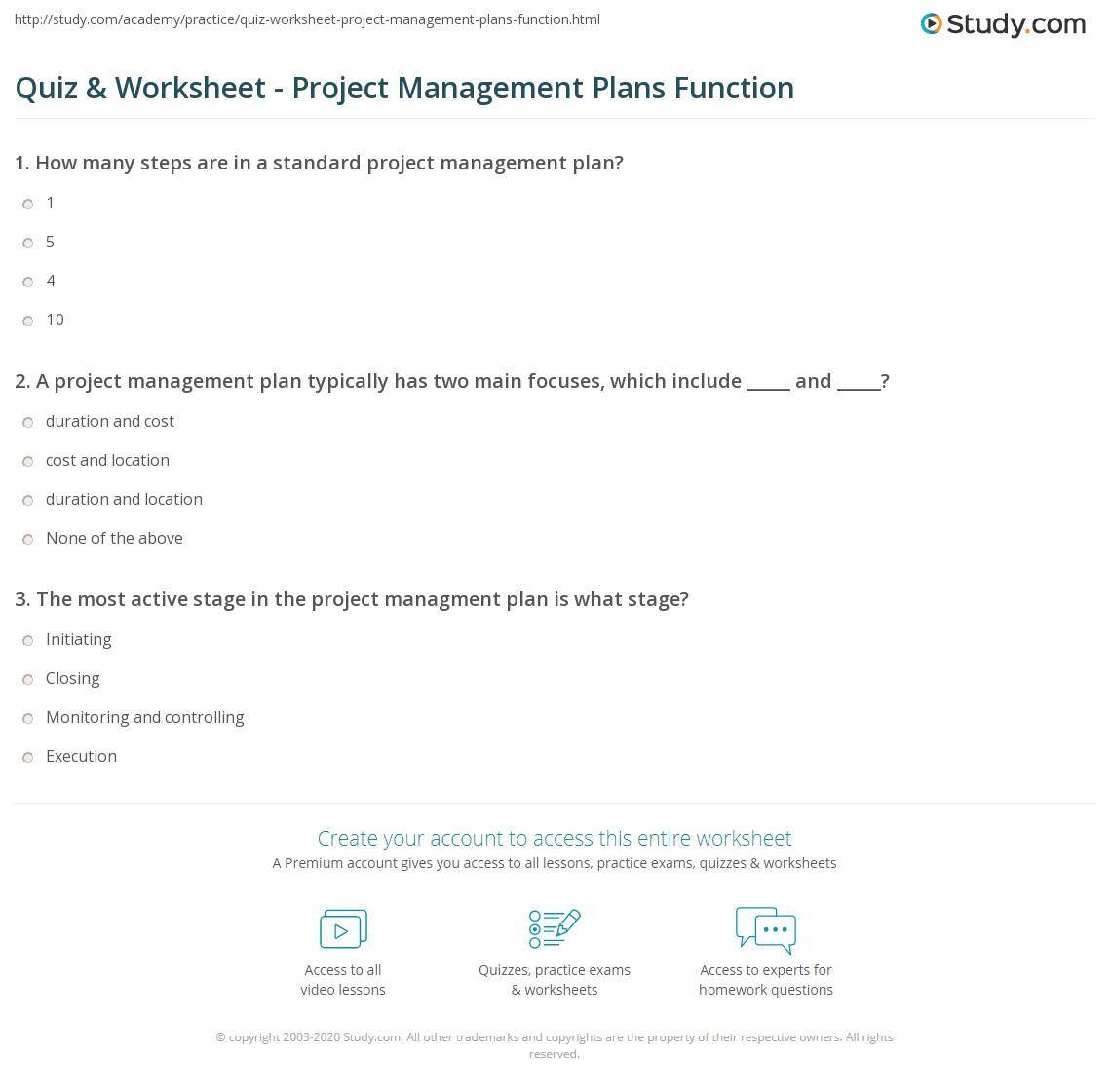 Quiz & Worksheet - Project Management Plans Function | Study.com