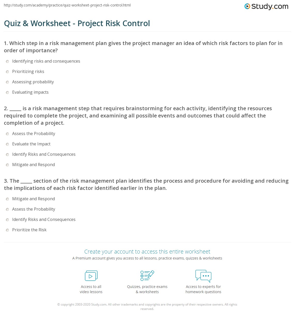 Quiz & Worksheet - Project Risk Control | Study.com