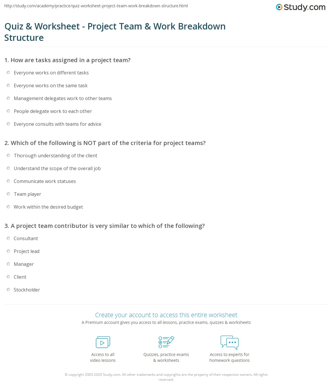 Quiz & Worksheet - Project Team & Work Breakdown Structure | Study.com